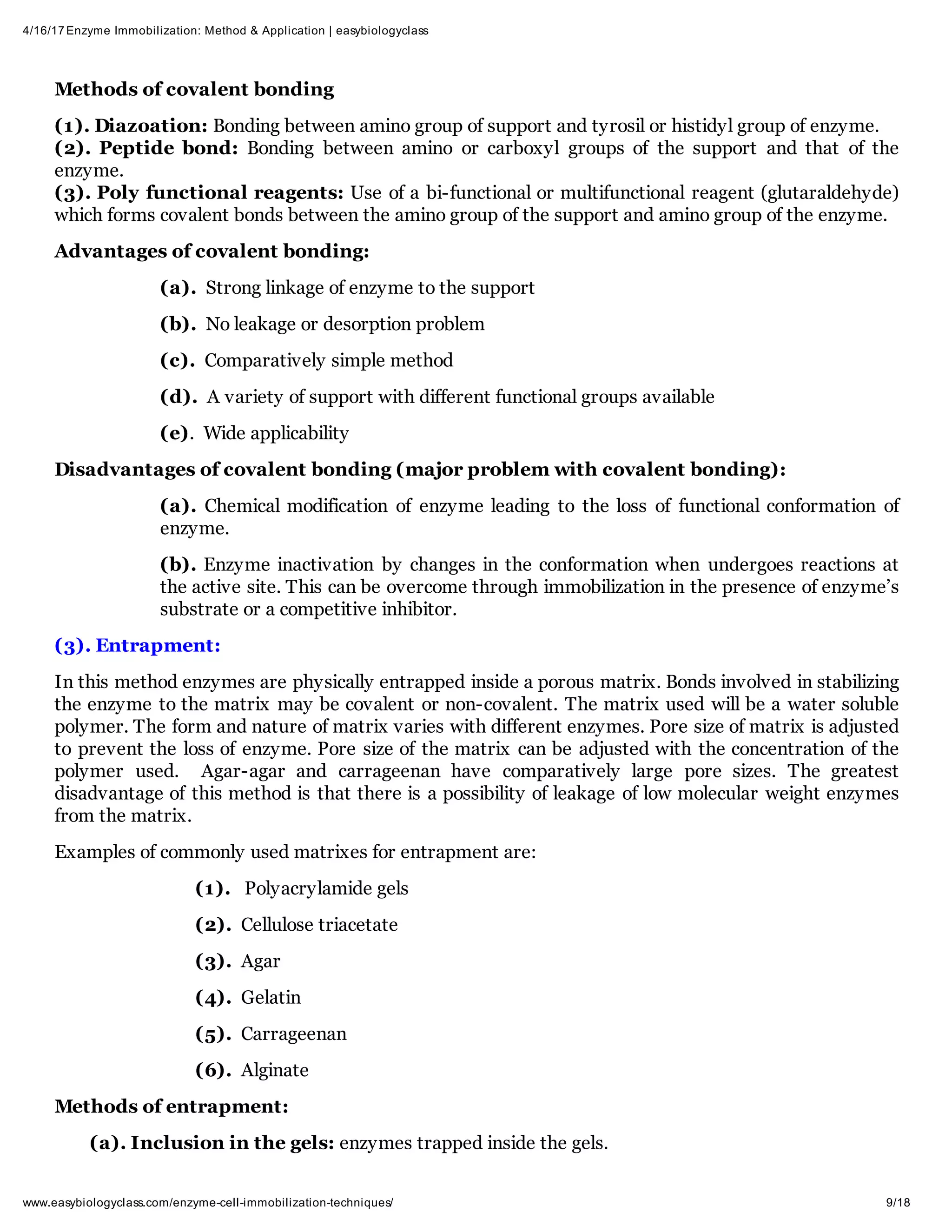 Enzyme immobilization method & application easybiologyclass | PDF