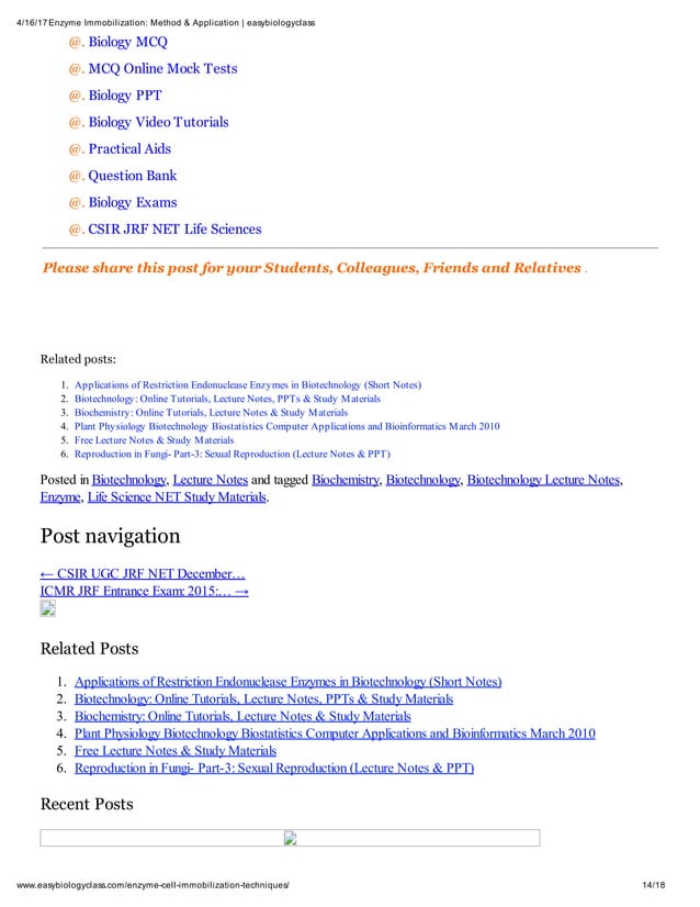 Enzyme immobilization method & application easybiologyclass | PDF