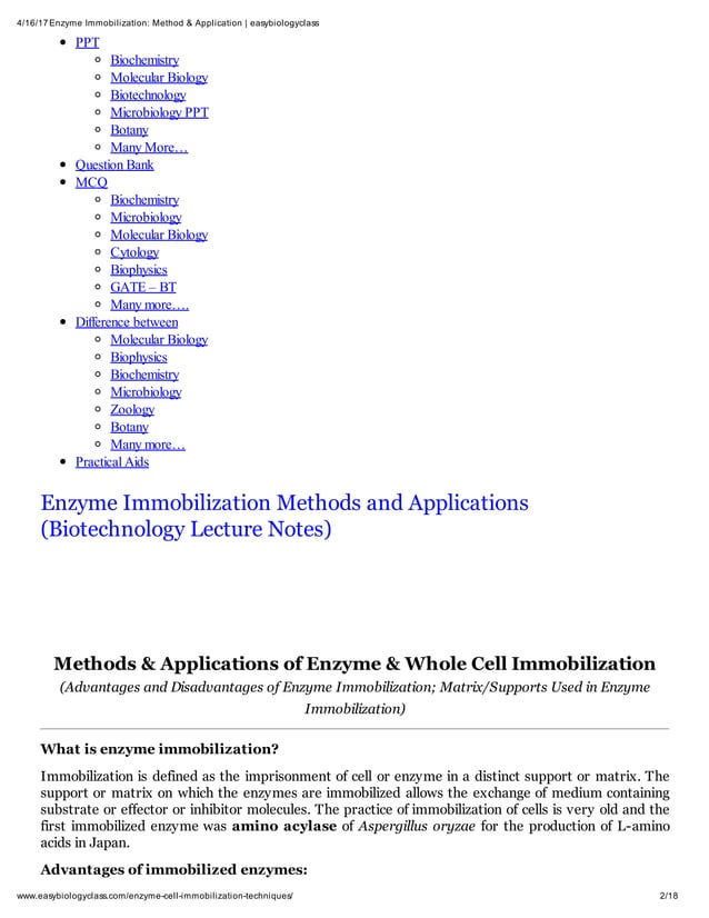Enzyme immobilization method & application easybiologyclass | PDF