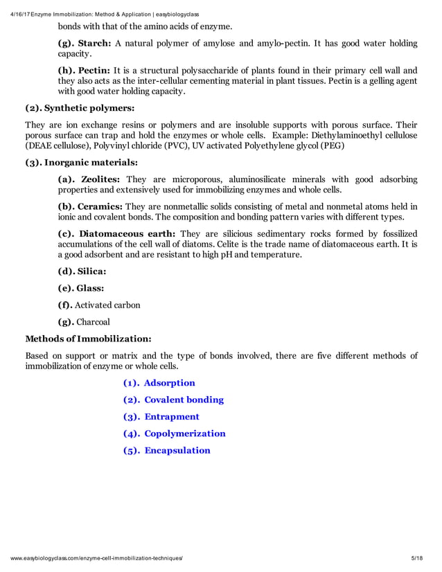 Enzyme immobilization method & application easybiologyclass | PDF