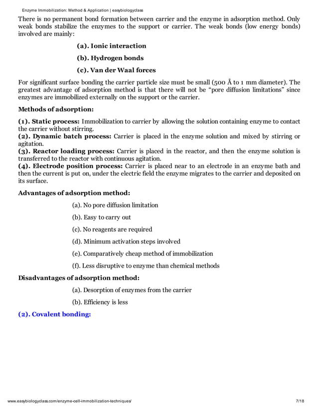 Enzyme immobilization method & application easybiologyclass | PDF