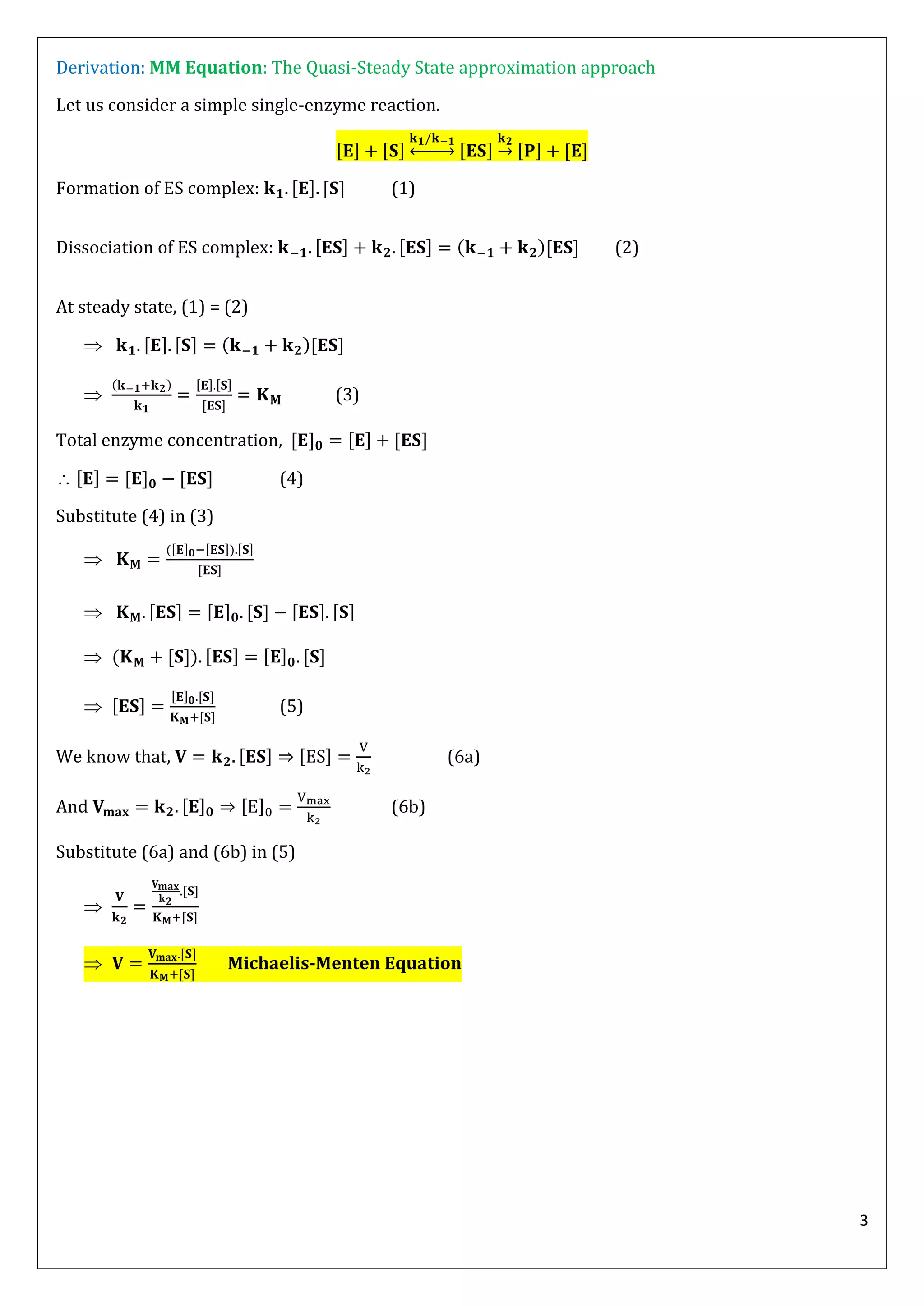 Derivations of ENZYME KINETICS (Part 1 - simplified and detailed) | PDF