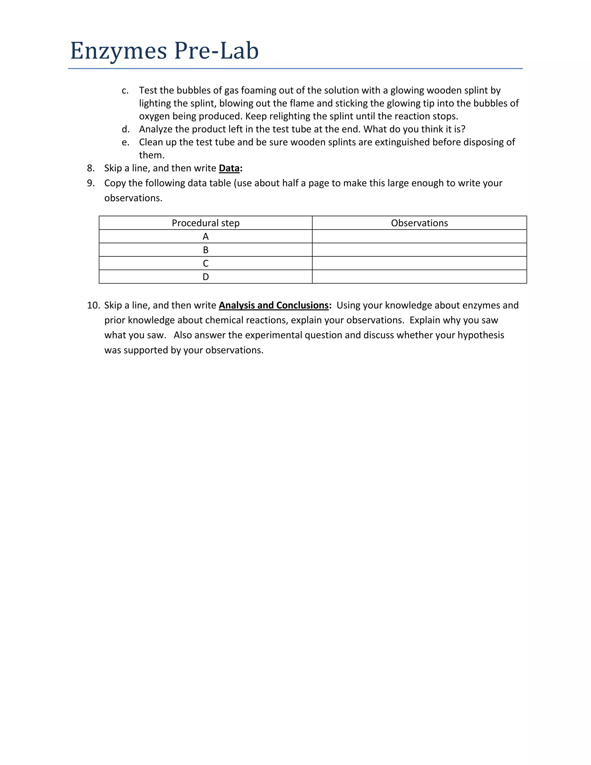 Enzymes pre lab | DOCX