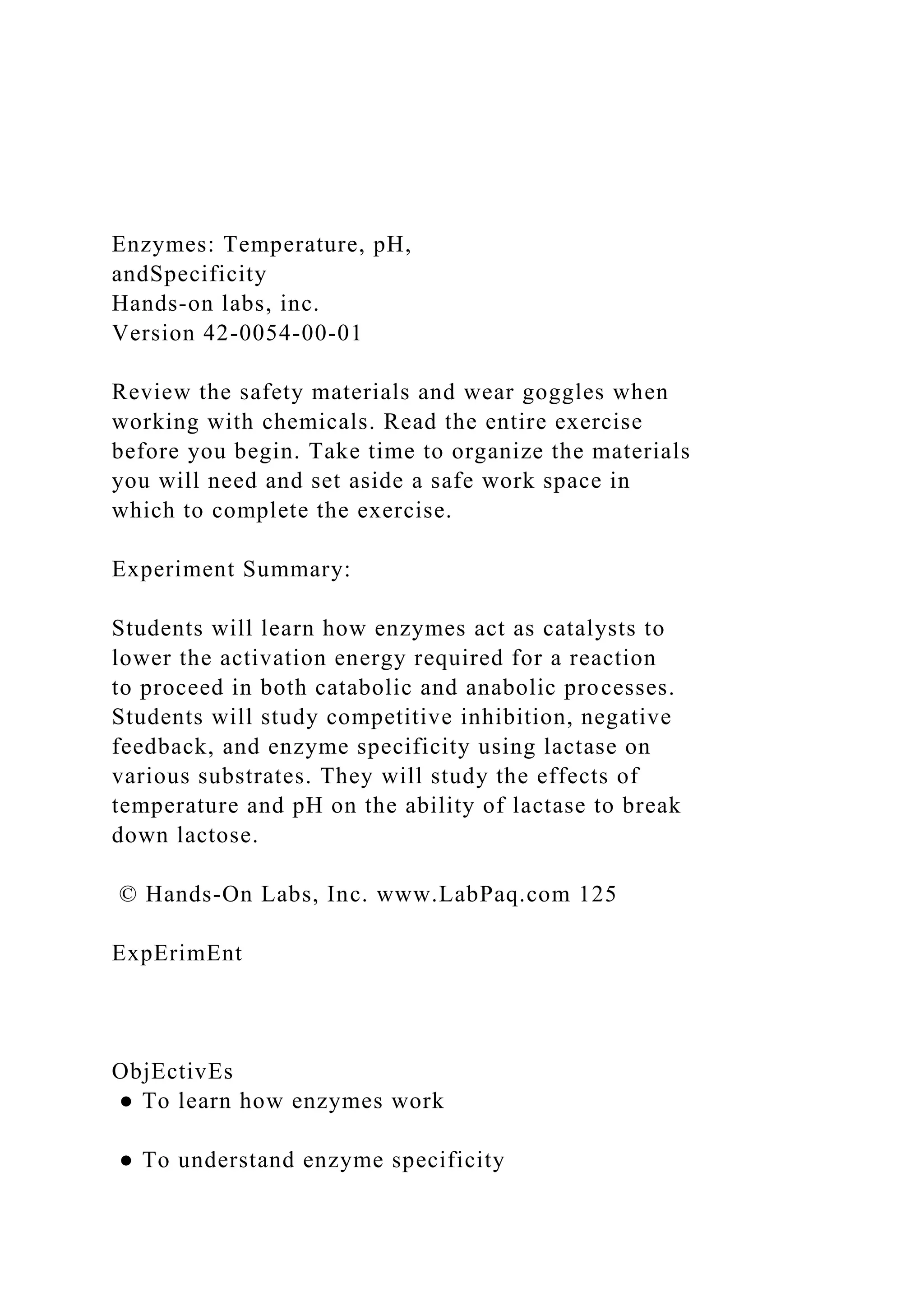 Enzymes Temperature, pH, andSpecificityHands-on labs, in.docx