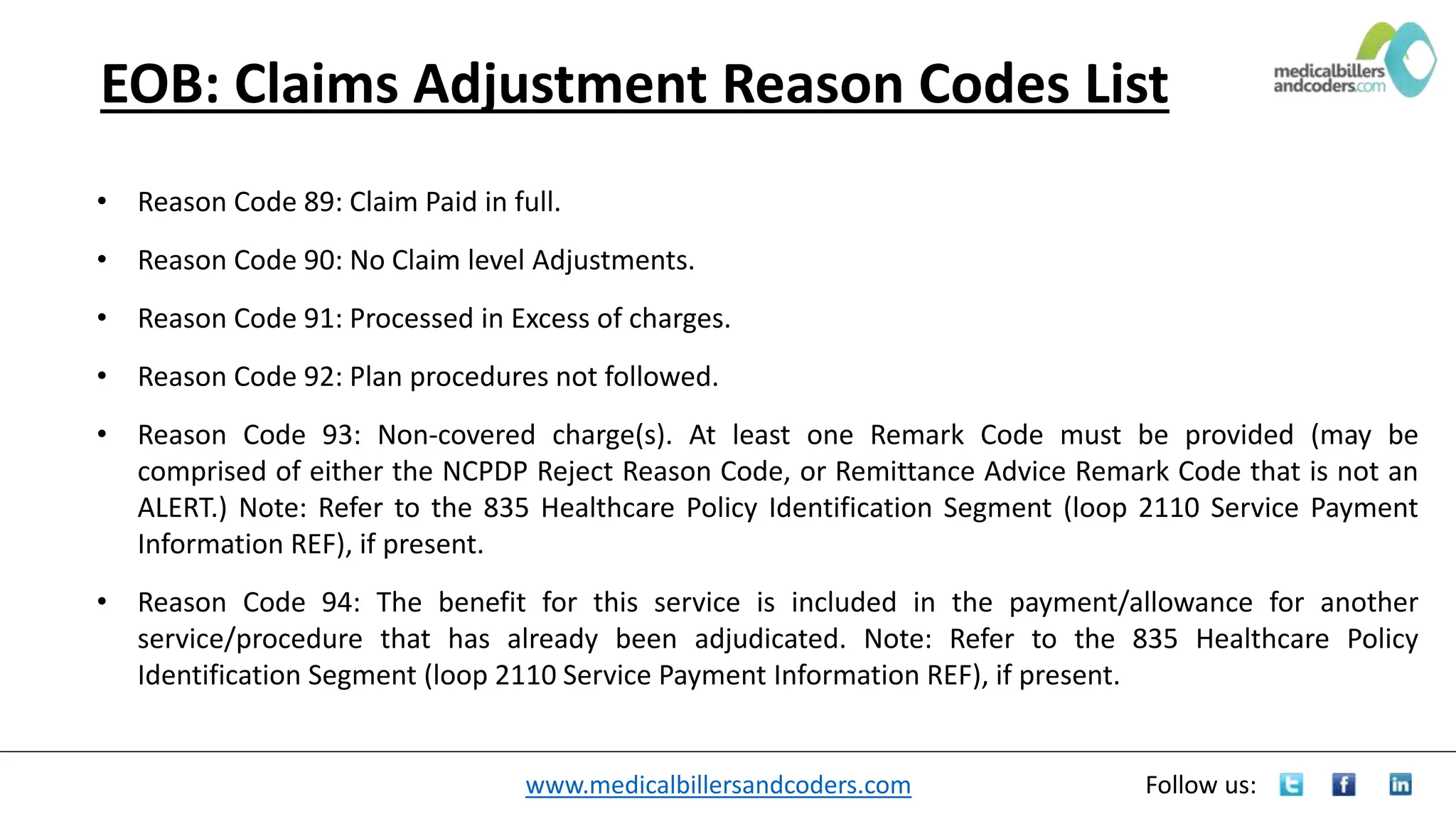 Eob Claims Adjustment Reason Codes List Pptx