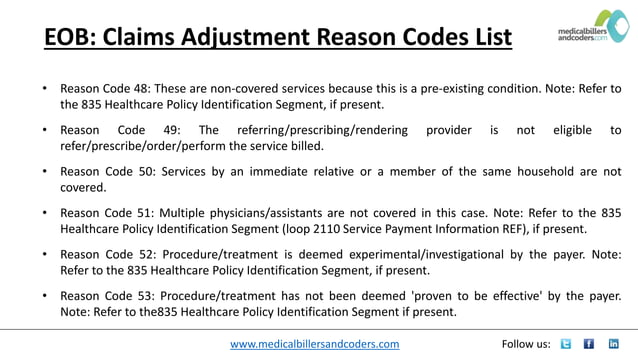 EOB- Claims Adjustment Reason Codes List.pptx | Health Insurance ...