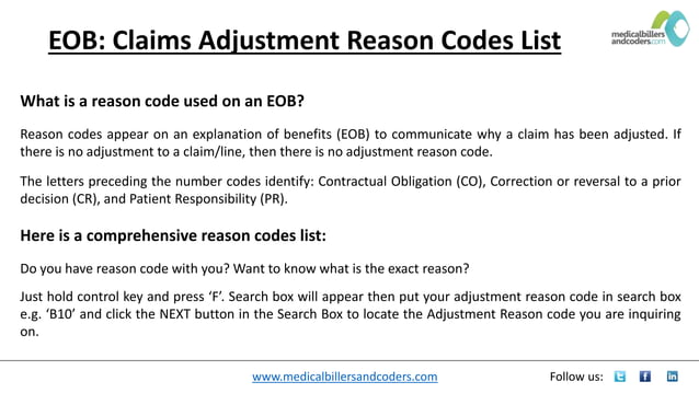 EOB- Claims Adjustment Reason Codes List.pptx | Health Insurance ...