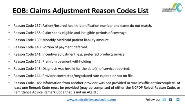 EOB- Claims Adjustment Reason Codes List.pptx | Health Insurance ...