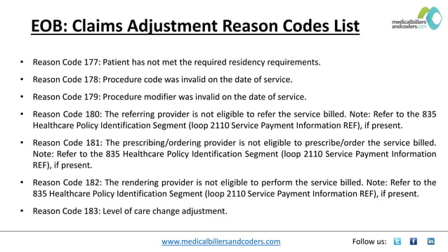 EOB- Claims Adjustment Reason Codes List.pptx | Health Insurance ...