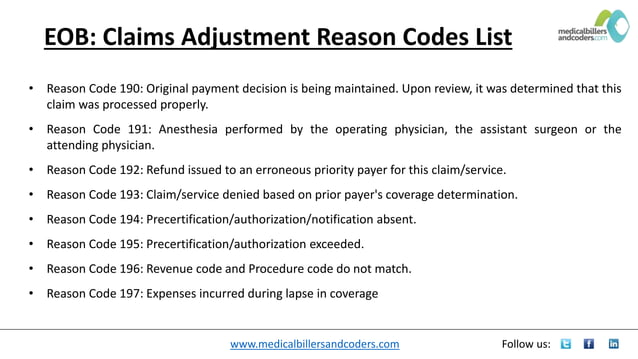 EOB- Claims Adjustment Reason Codes List.pptx | Health Insurance ...