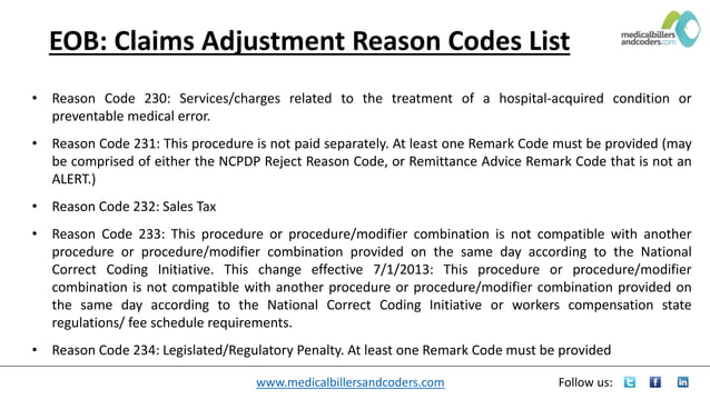 EOB- Claims Adjustment Reason Codes List.pptx | Health Insurance ...