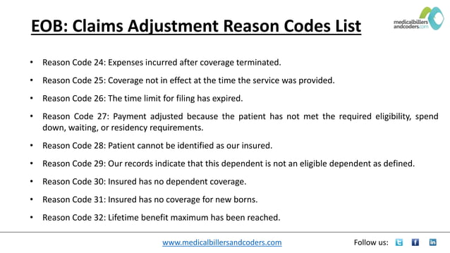 EOB- Claims Adjustment Reason Codes List.pptx | Health Insurance ...
