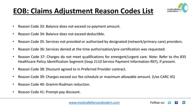 EOB- Claims Adjustment Reason Codes List.pptx | Health Insurance ...