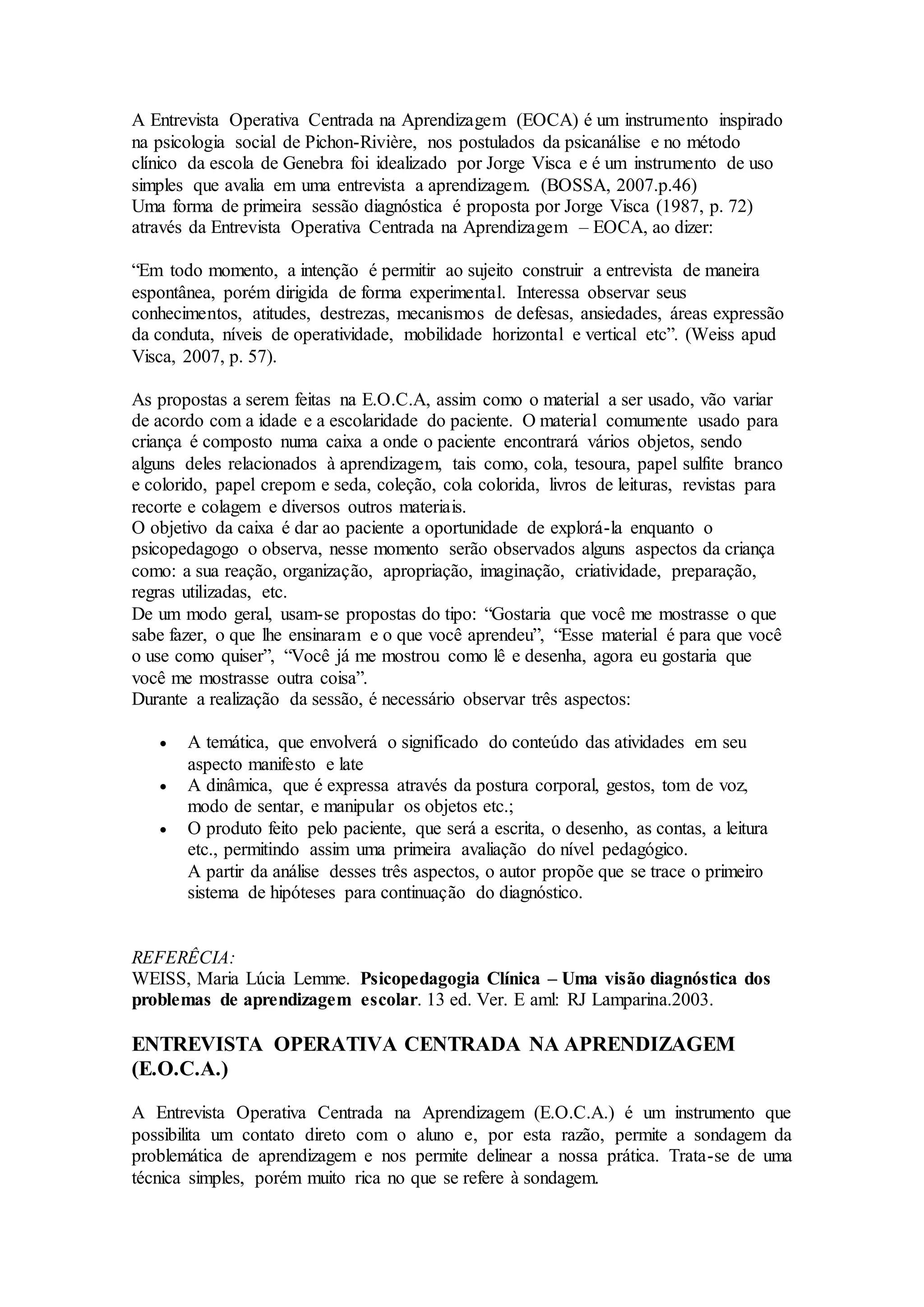 Eoca a entrevista operativa centrada na aprendizagem | DOCX