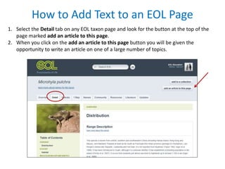 Using EOL: Adding Text to an EOL Taxon Page | PPTX