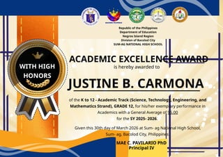 Academic Excellence Awards for Grade 12 STEM Students at Sum-ag ...