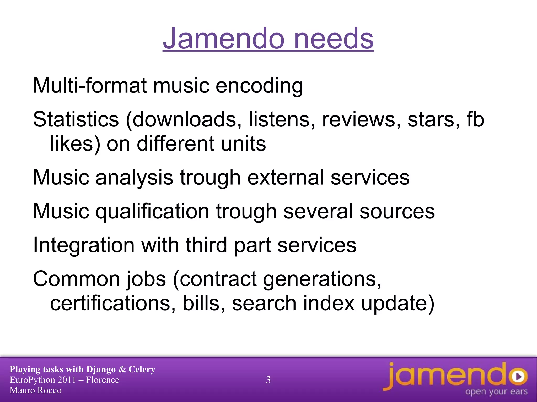 Europython 2011 - Playing tasks with Django & Celery | PPT Europython 2011 - Playing tasks with Django & Celery | PPT