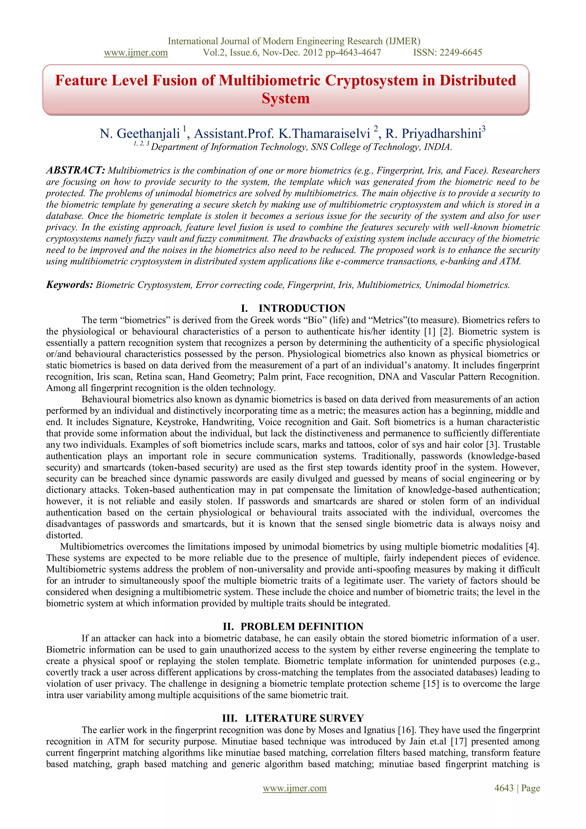 Feature Level Fusion of Multibiometric Cryptosystem in Distributed System | PDF