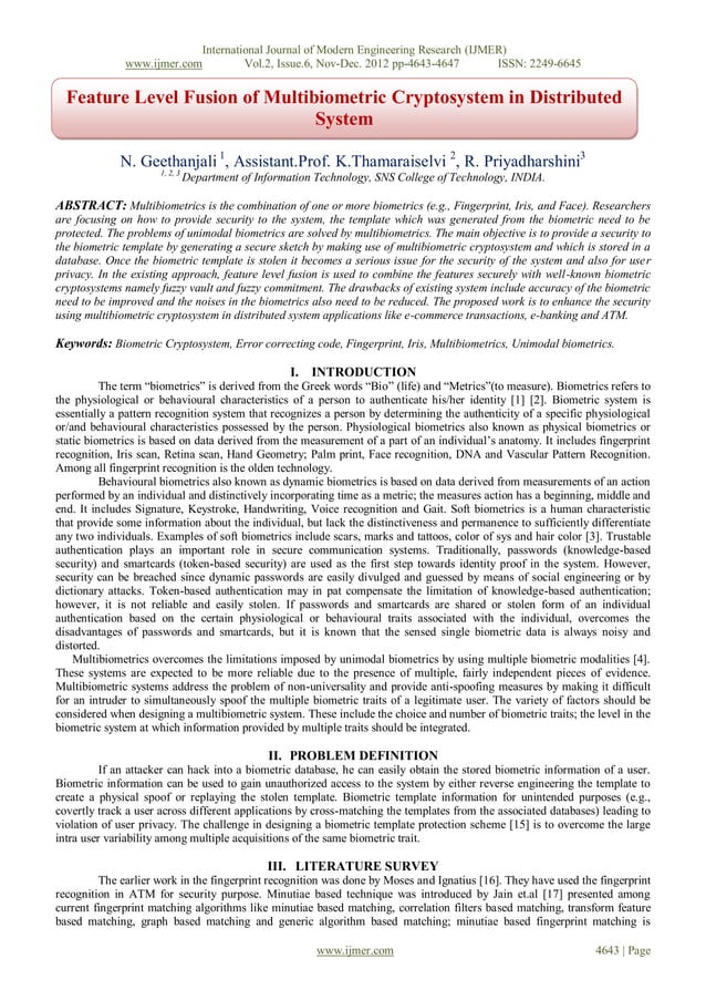 Feature Level Fusion of Multibiometric Cryptosystem in Distributed System | PDF