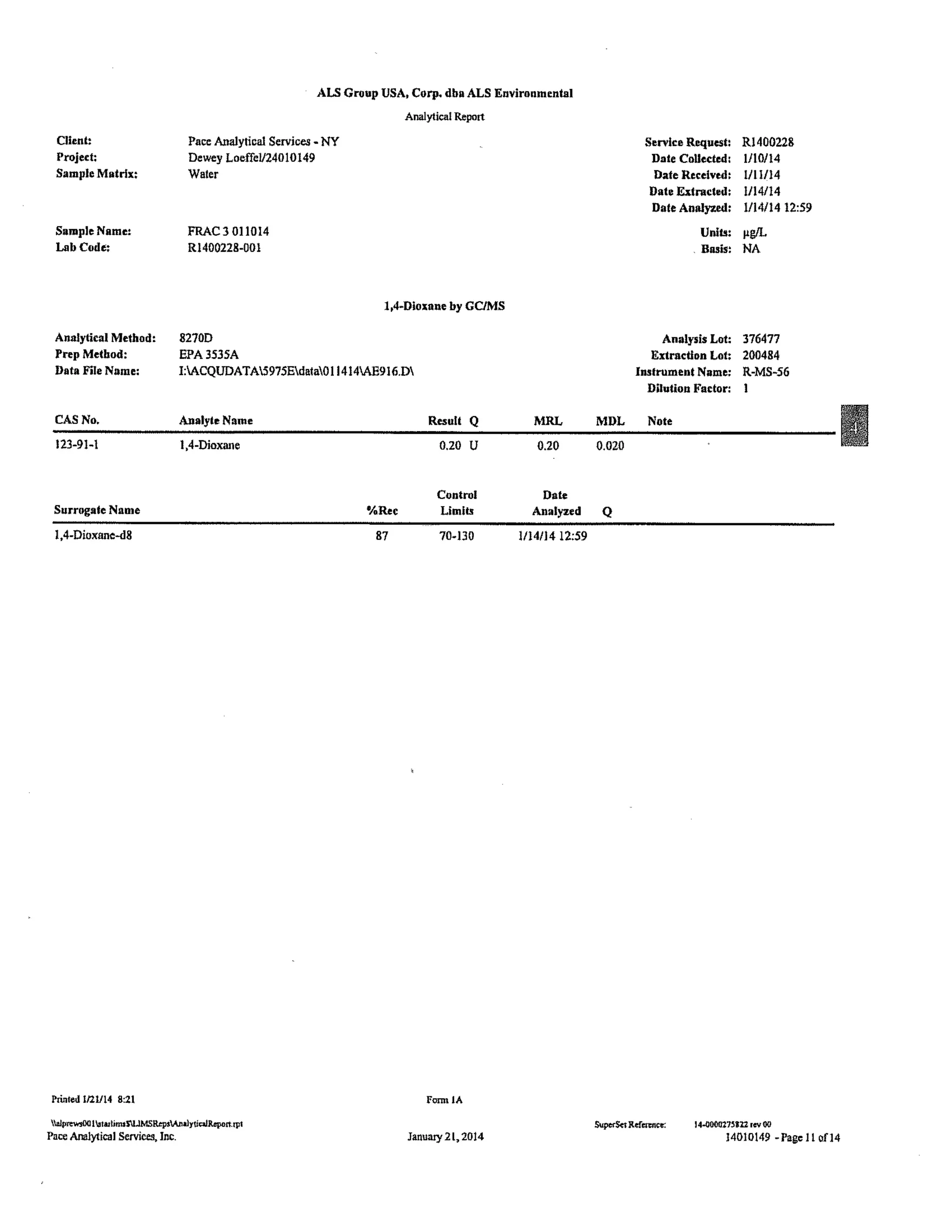 EPA Sampling Results Jan 24, 2014 | PDF