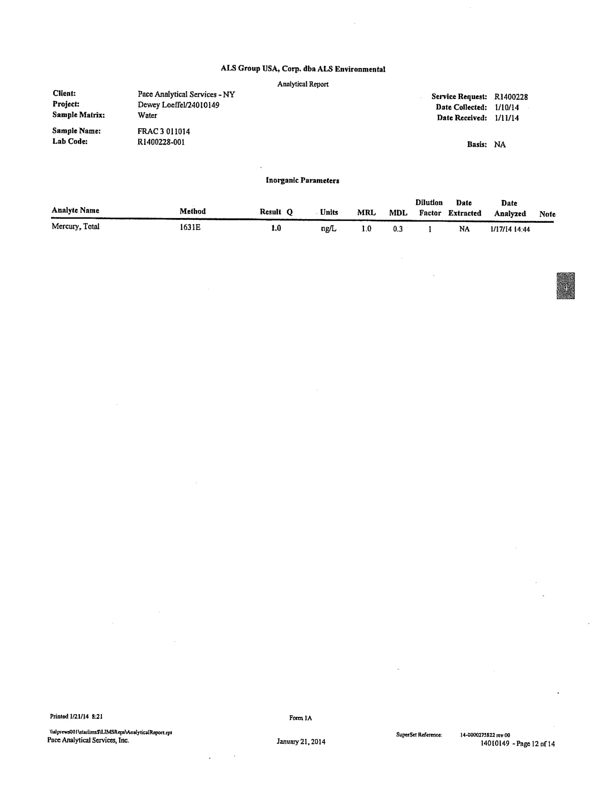 EPA Sampling Results Jan 24, 2014 | PDF