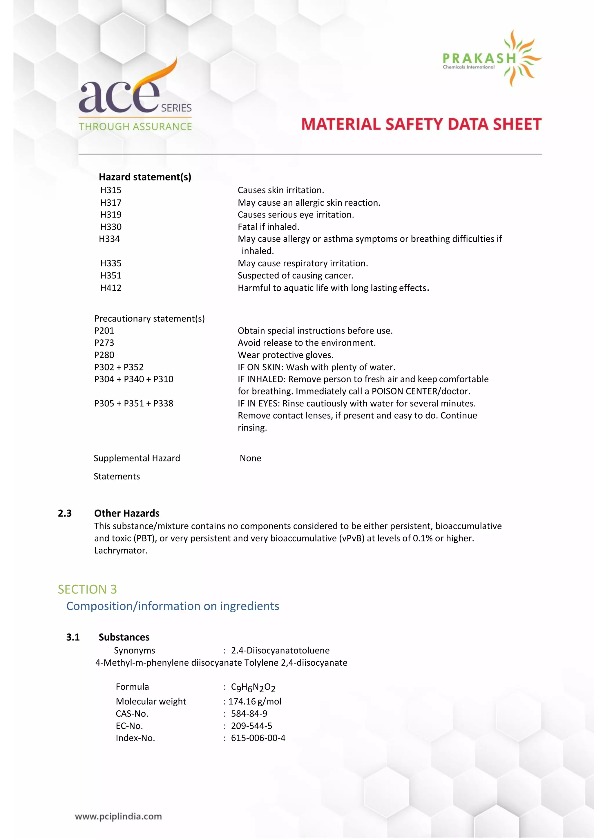 Toluene Diisocyanate Suppliers | Prakash Chemicals International | PDF