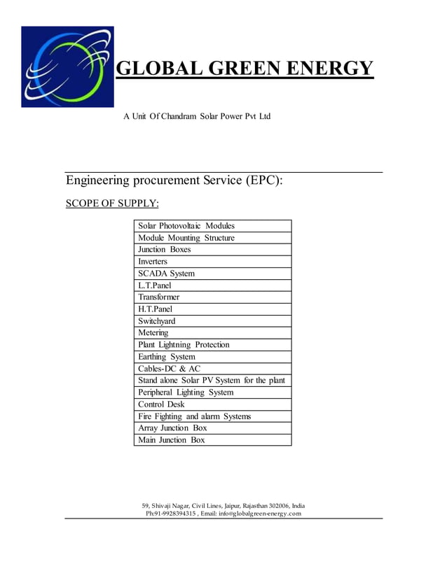 Epc service proposal for setting up solar power project standard template | DOCX
