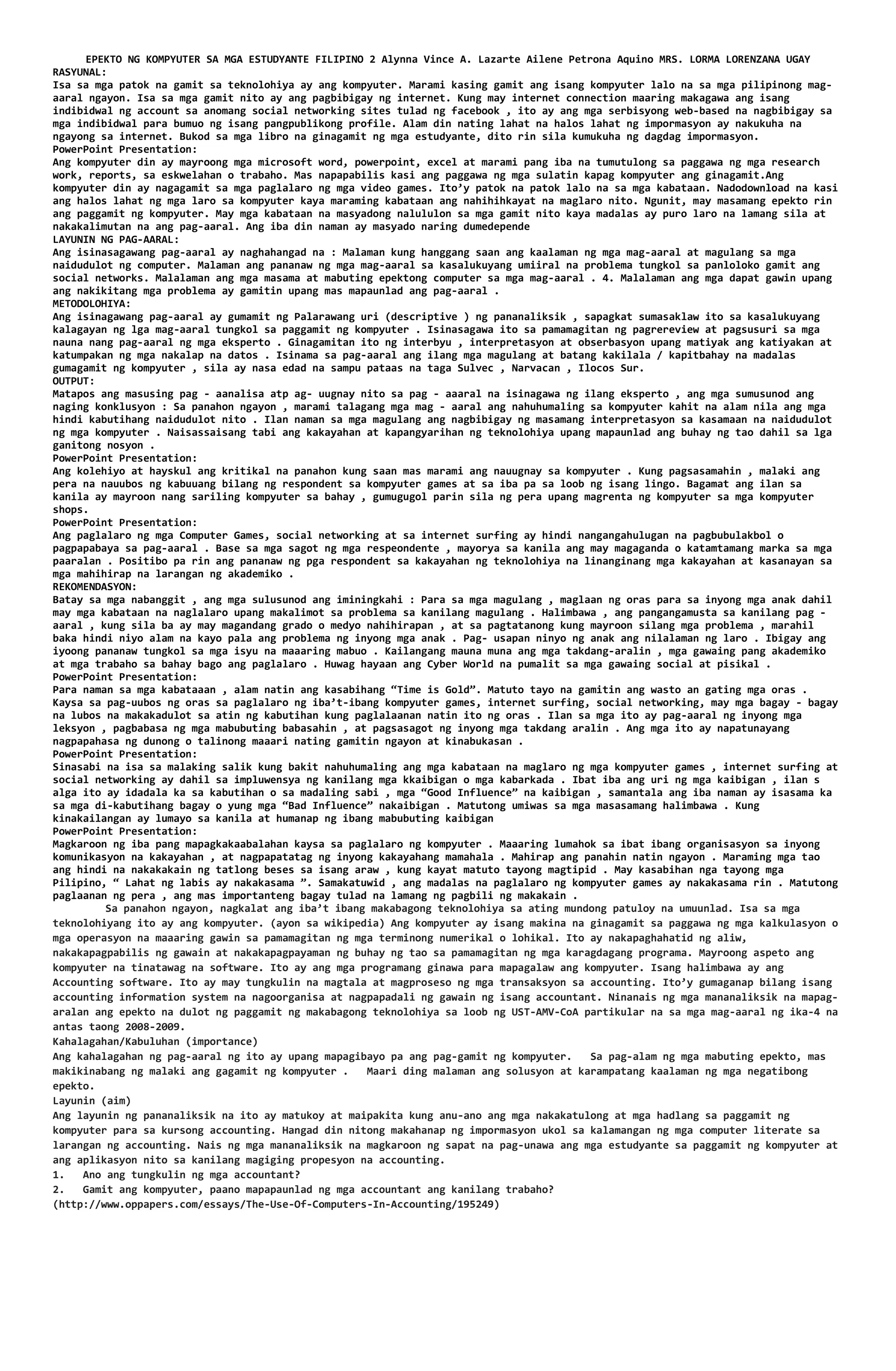 Epekto ng kompyuter sa mga estudyante | DOCX