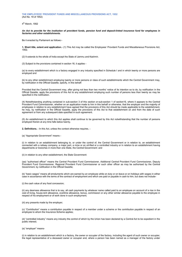 Epf act 1952 | PDF
