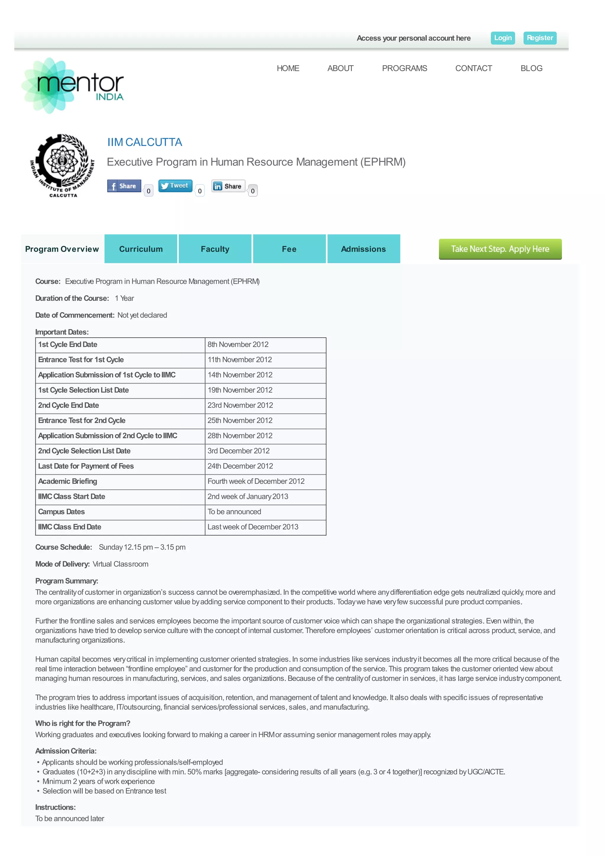 Executive Program in Human Resource Management (EPHRM) From IIM Calcutta | PDF