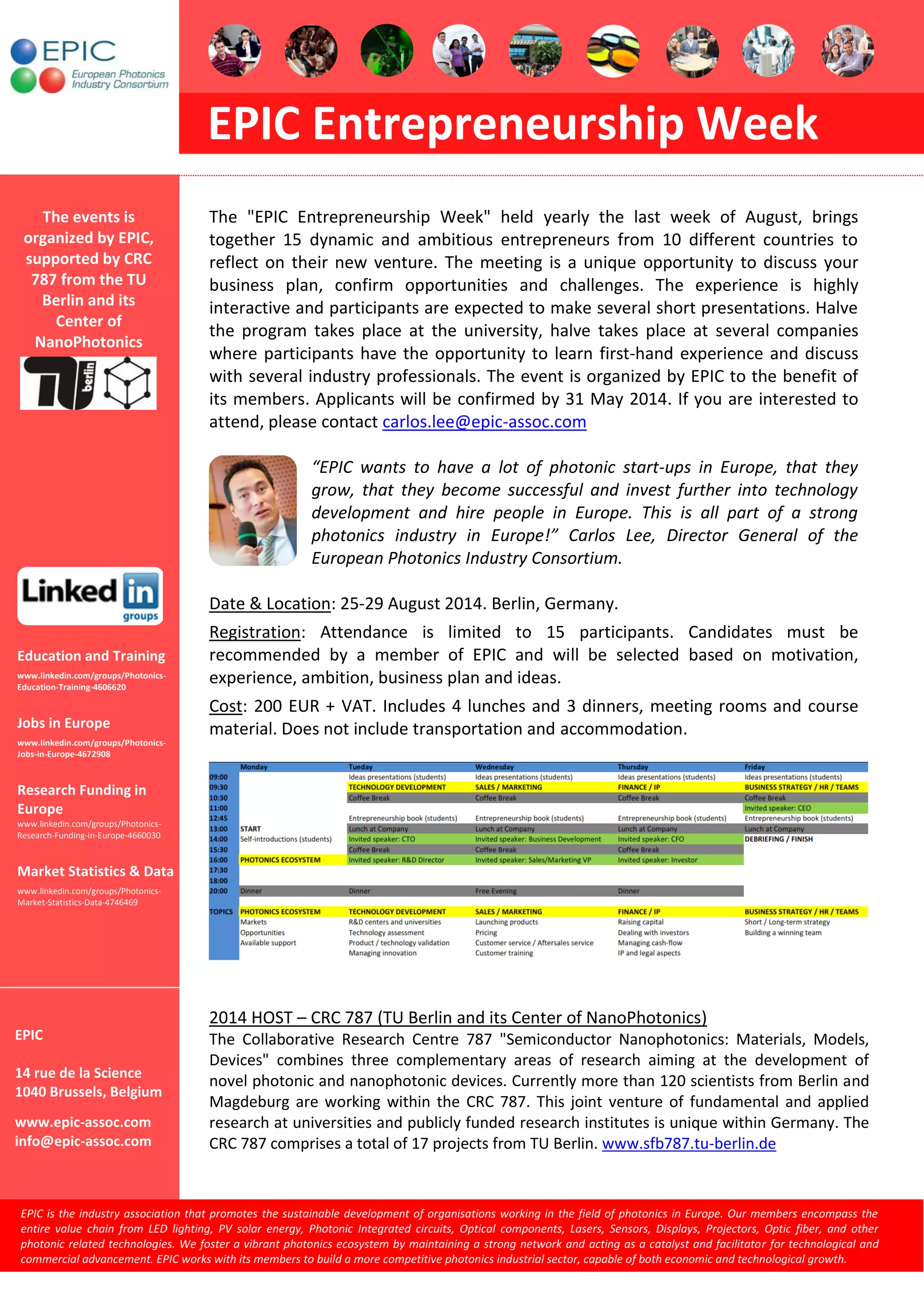 EPIC Entrepreneurship Week in Photonics, 25-29 August 2014 | PDF
