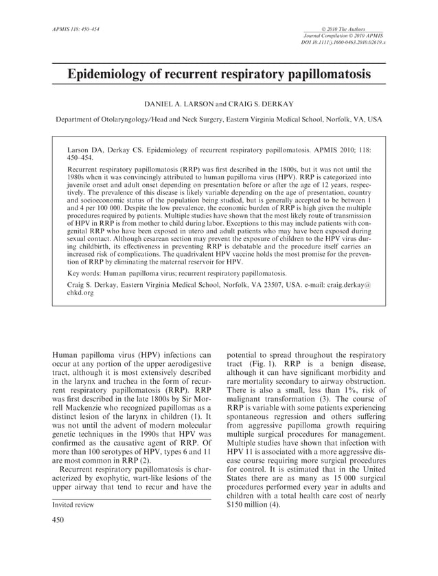 Epidemiology of recurrent respiratory papillomatosis | PDF | Ear, Nose ...