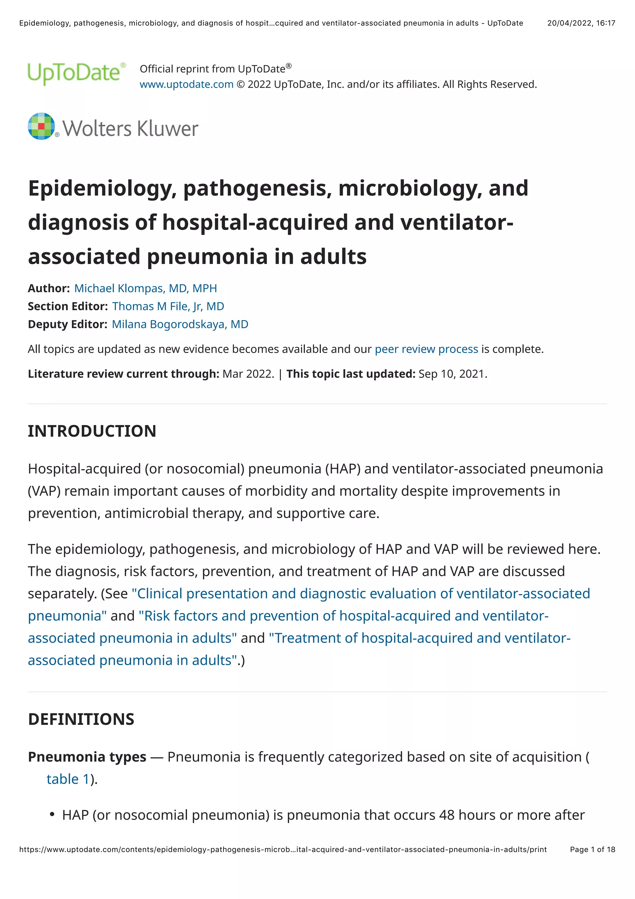 Epidemiology, pathogenesis, microbiology, and diagnosis of hospital ...