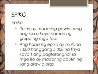 Epiko at ang mga elemento nito | PPT