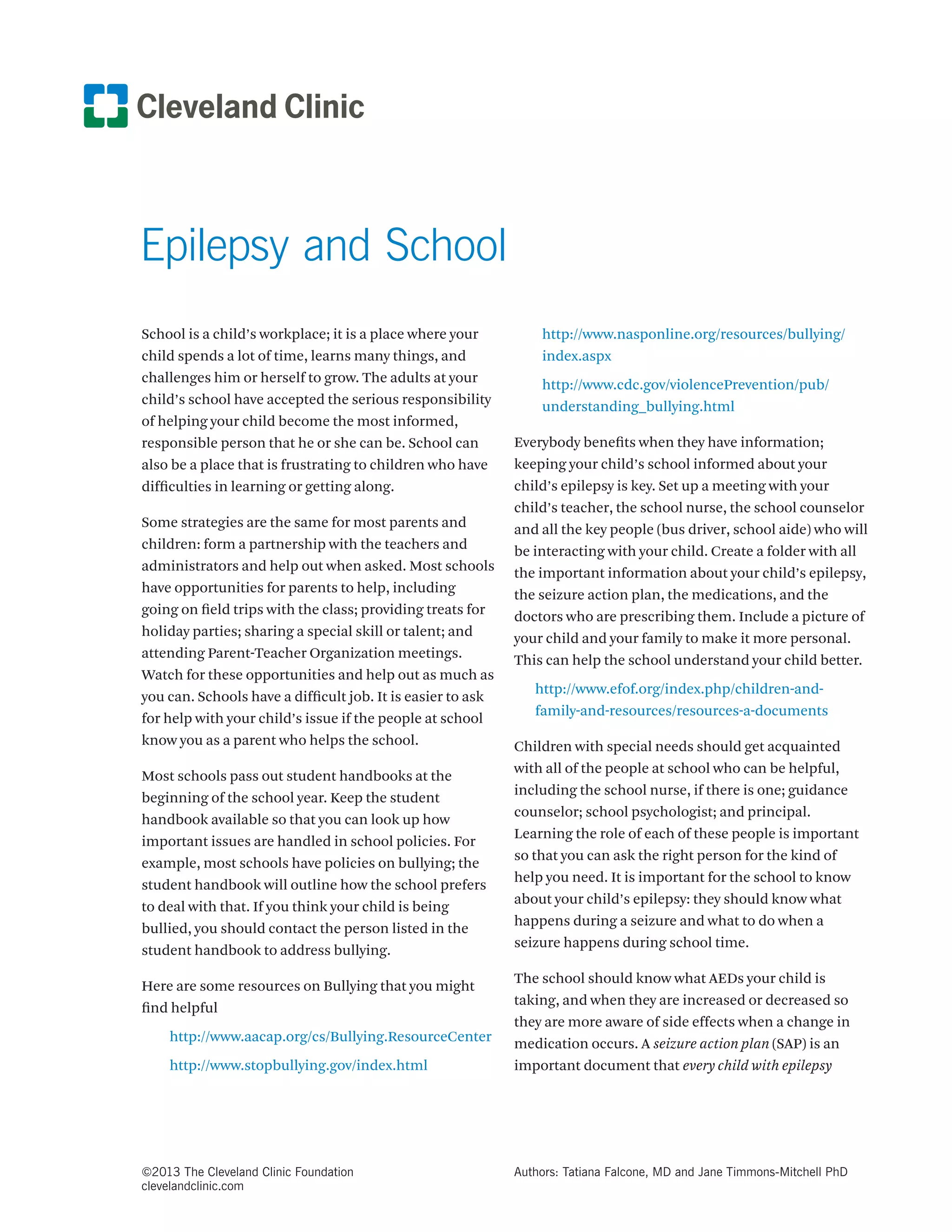 Epilepsy and school fact sheet | PDF