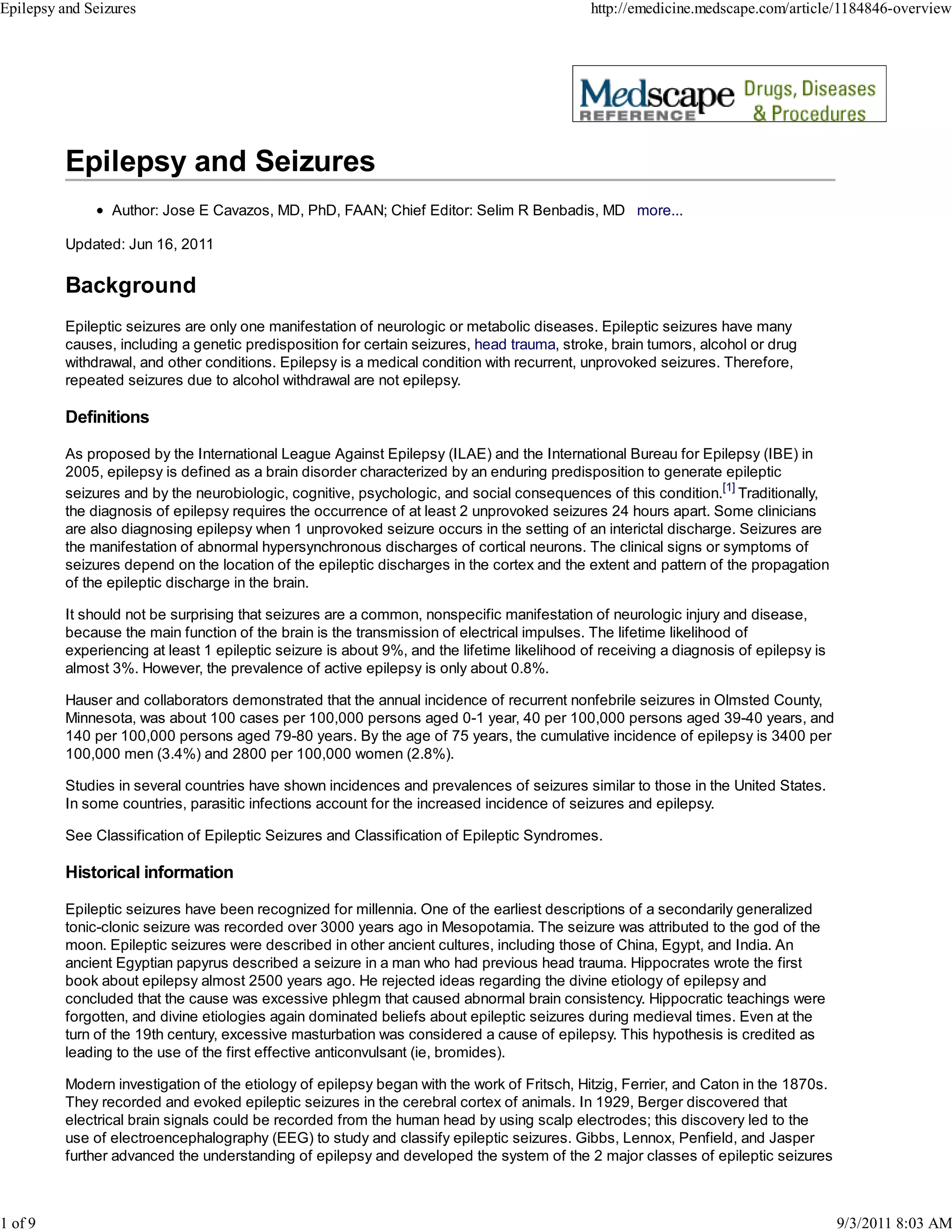Epilepsy and Seizures, e-Medicine Article | PDF