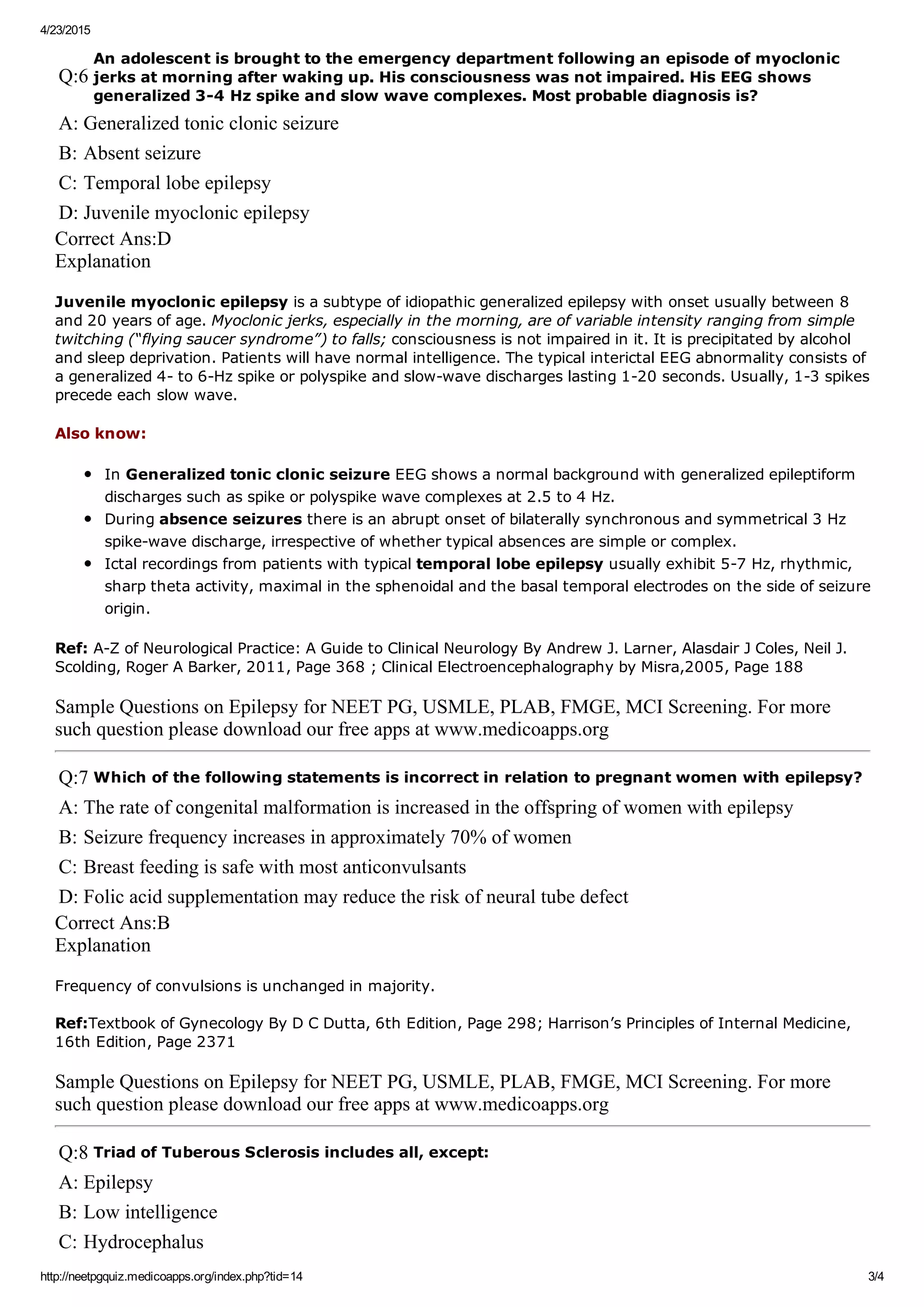 Epilepsy questions for neet pg, usmle, plab , fmge (mci screening) | PDF
