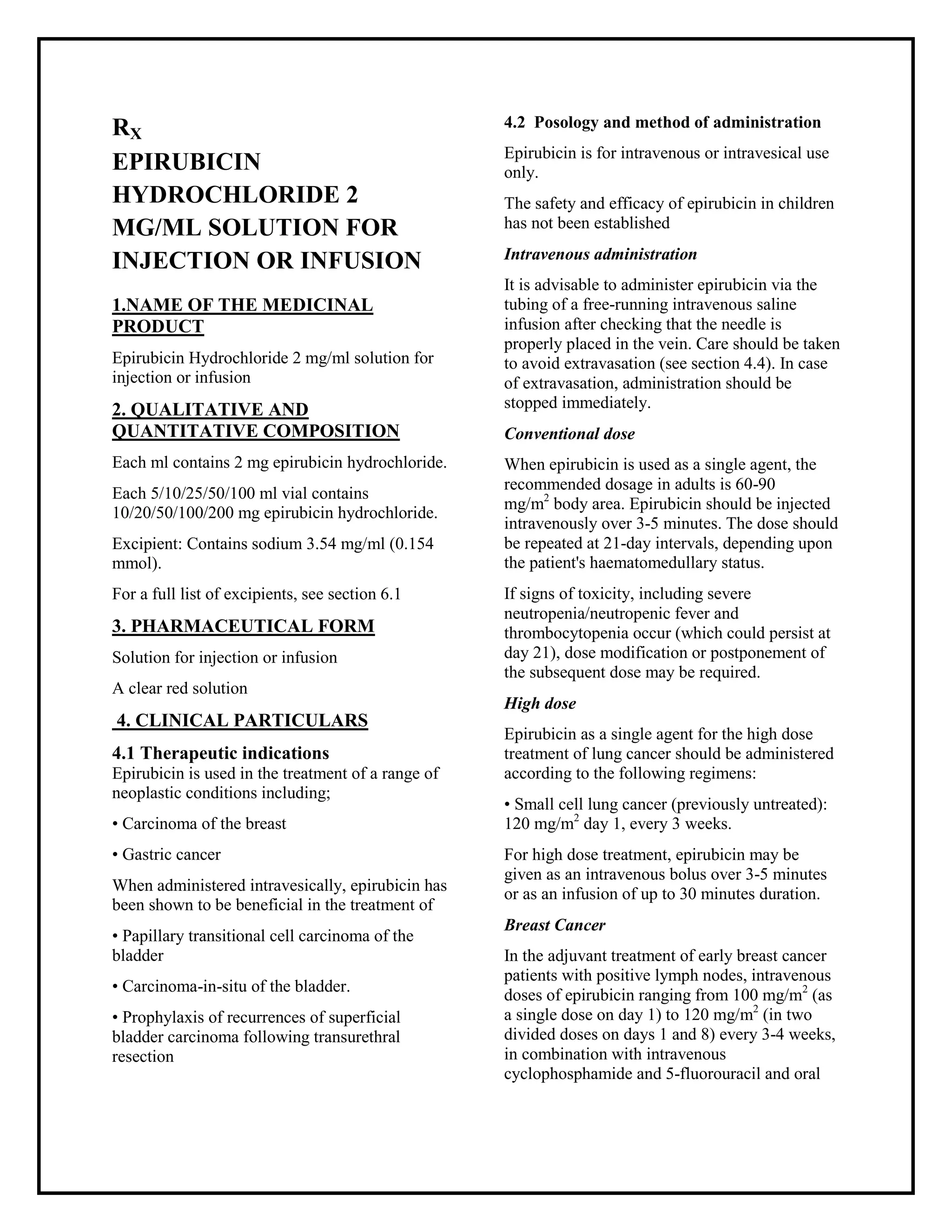 Epirubicin hydrochloride 2 mgml solution for injection or infusion smpc ...