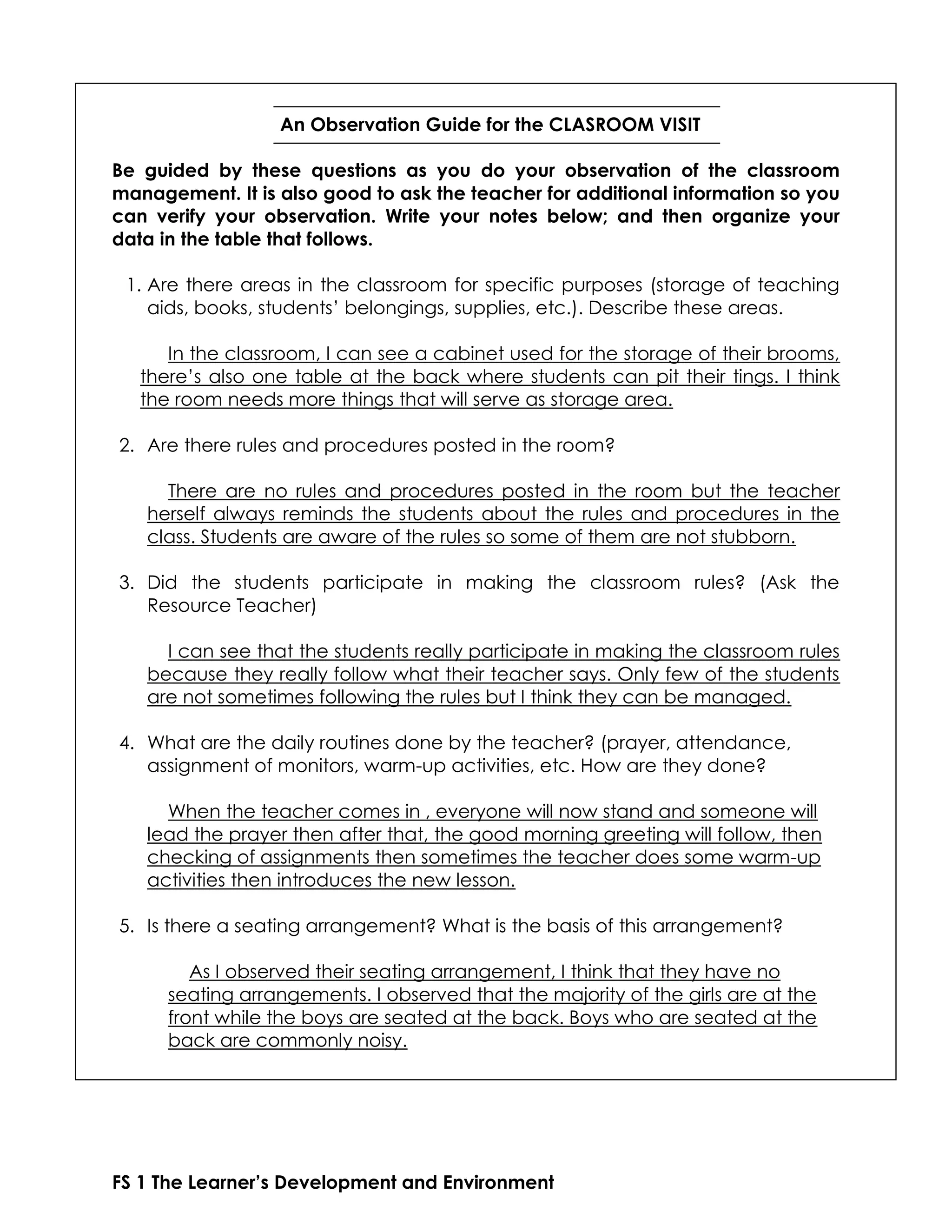 Field Study 1, Episode 3 "Classroom Management And Learning" | DOCX