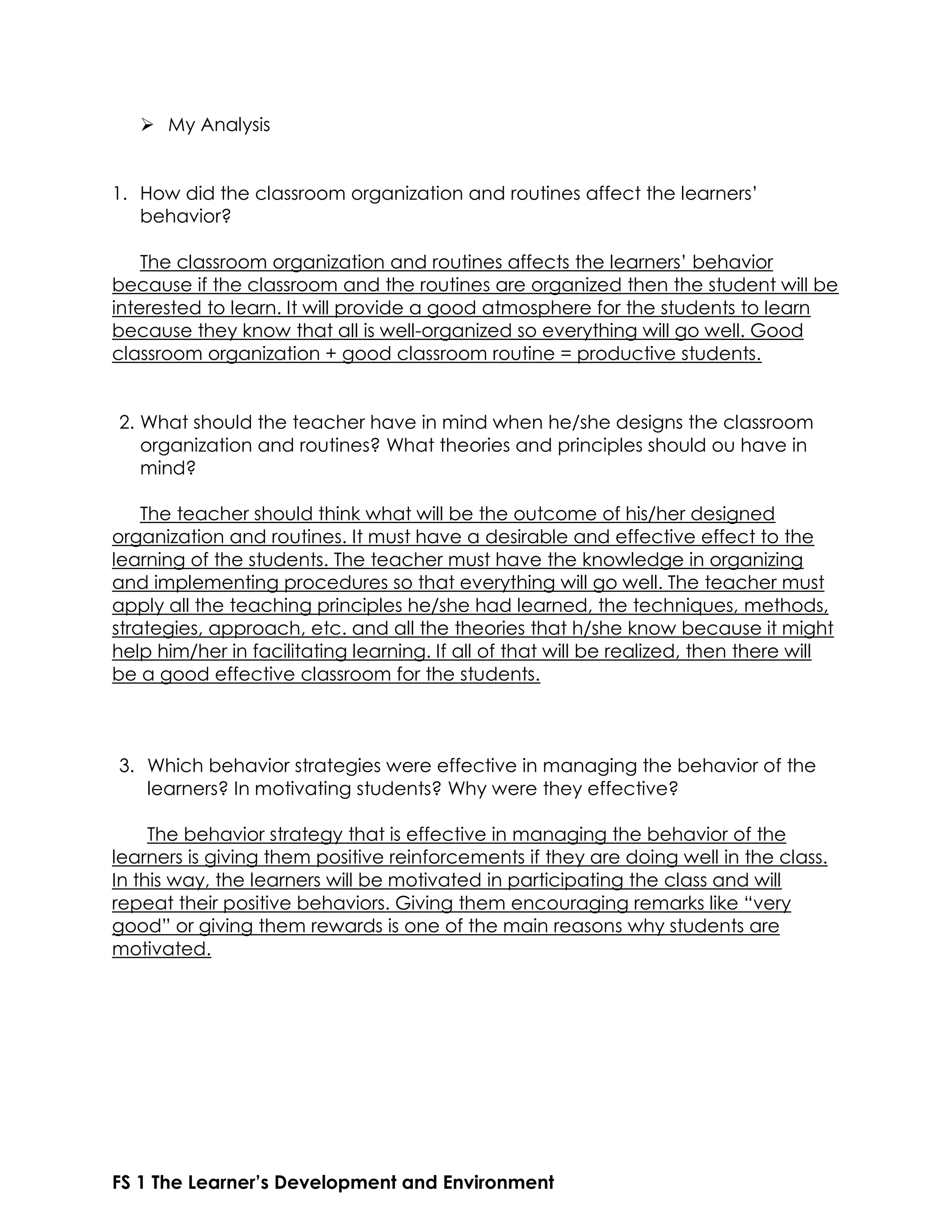 Field Study 1, Episode 3 "Classroom Management And Learning" | DOCX