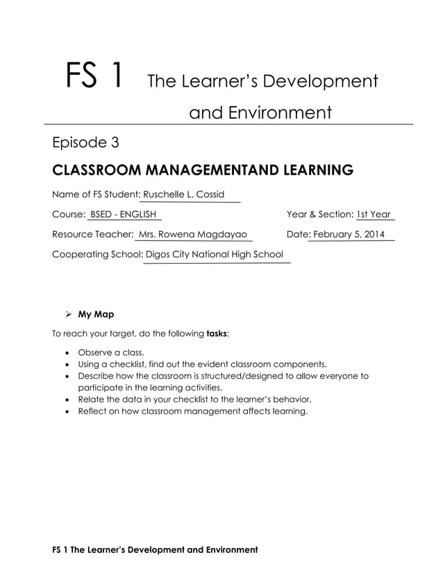 Field Study 1, Episode 3 "Classroom Management And Learning" | DOCX ...