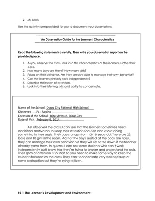 Field Study 1, Episode 3 "Classroom Management And Learning" | DOCX