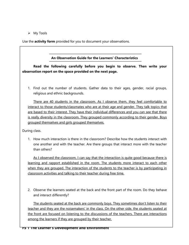 Field Study 1, Episode 4 "Individual Differences And Learner’s Interaction" | DOCX | Educational ...