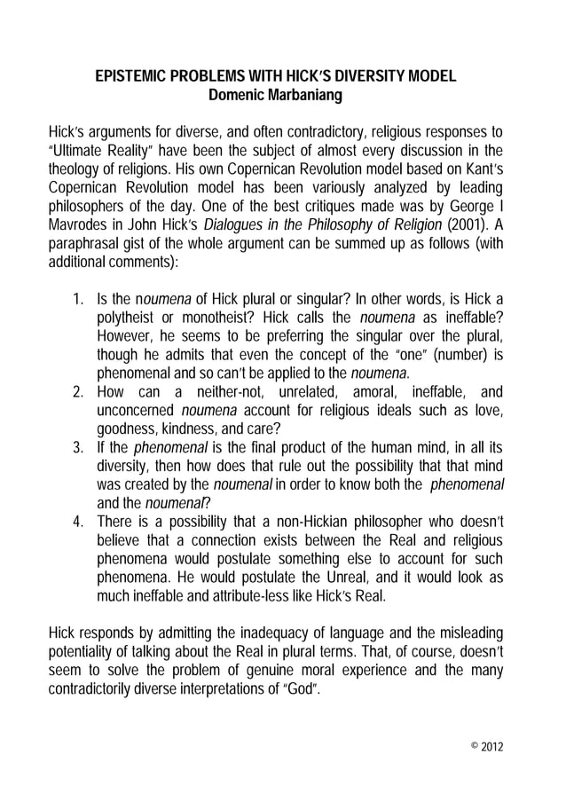 Epistemic problems in hick's model of religious diversity | PDF