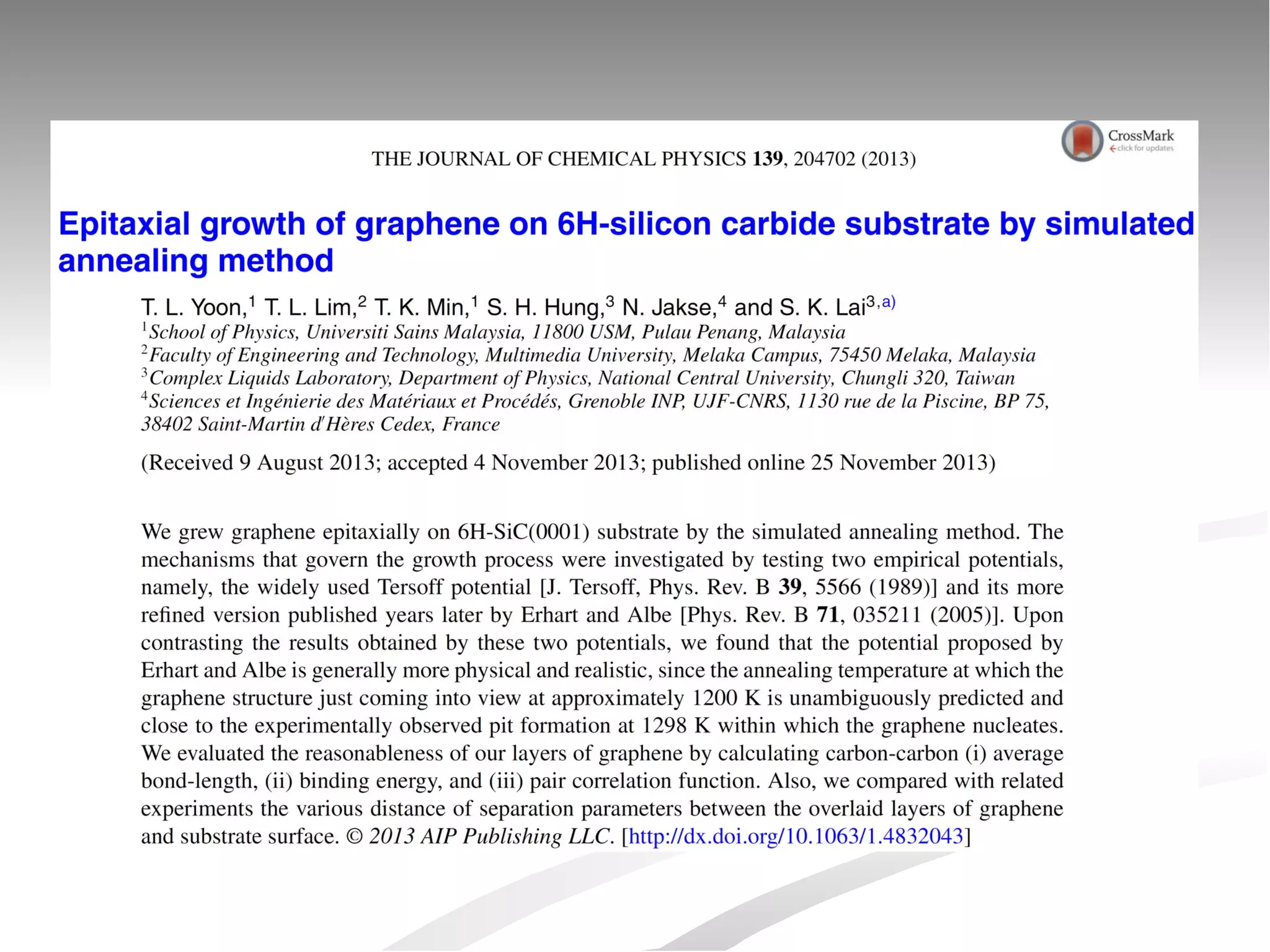 Epitaxial growth of graphene on 6H-silicon carbide substrate by simulated annealing method | PPT