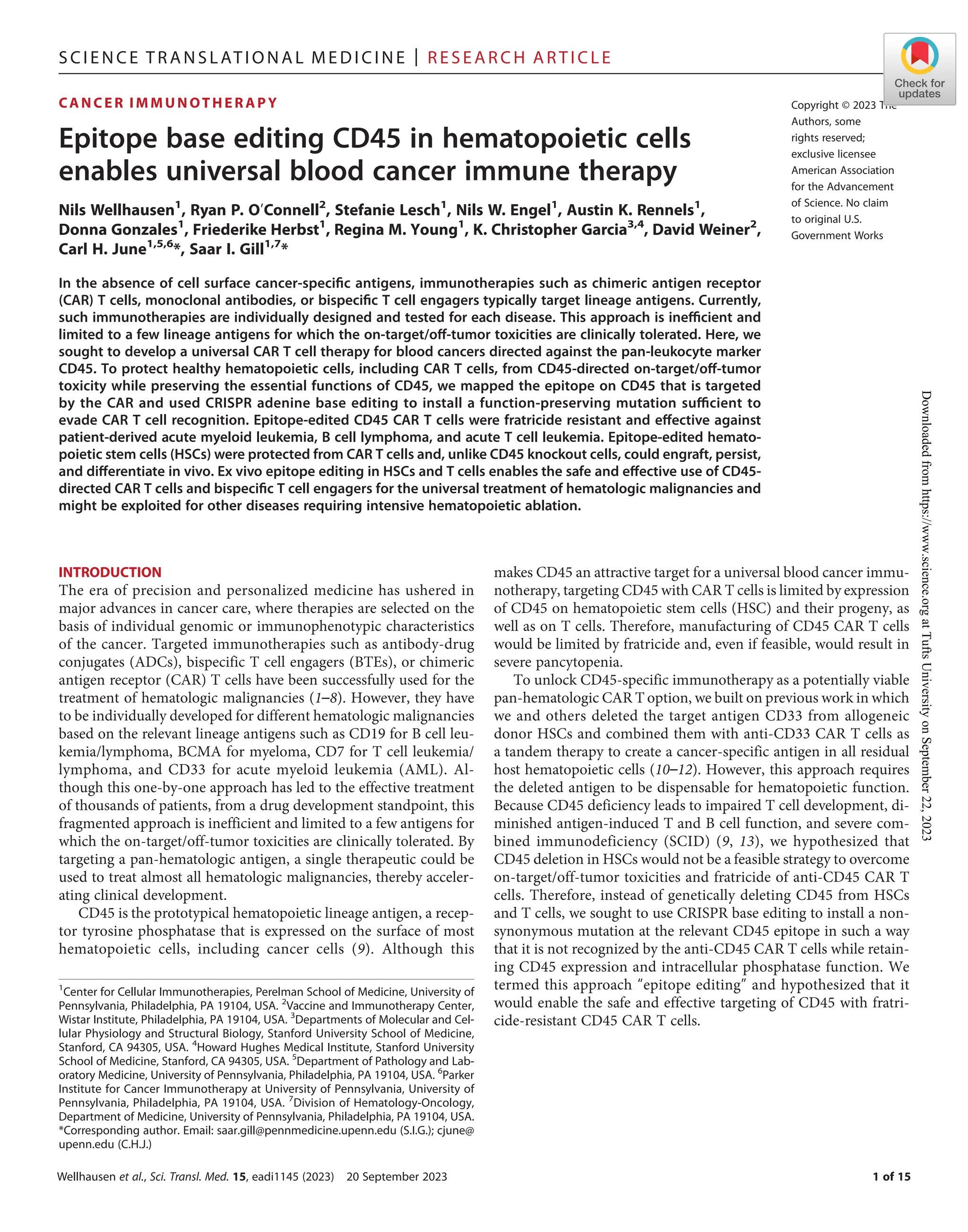 Epitope base editing CD45 in hematopoietic cells enables universal ...