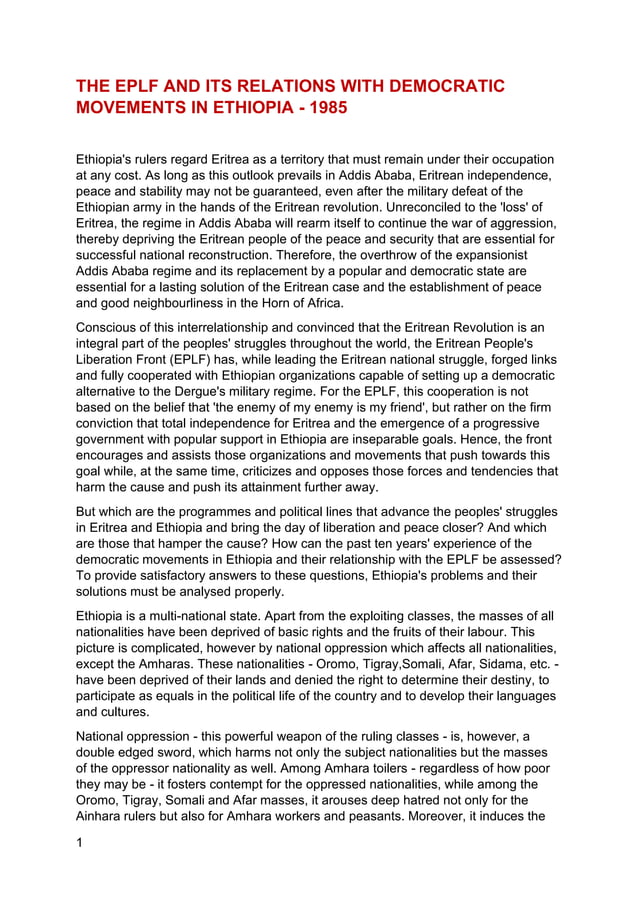 THE EPLF AND ITS RELATIONS WITH DEMOCRATIC MOVEMENTS IN ETHIOPIA | PDF