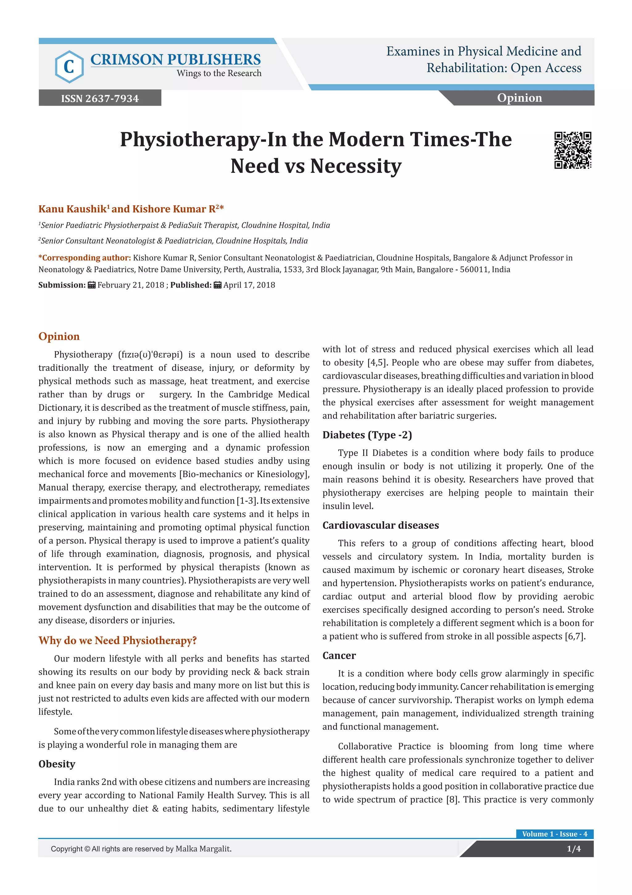 Crimson Publishers-Physiotherapy in the Modern Times-The Need vs ...
