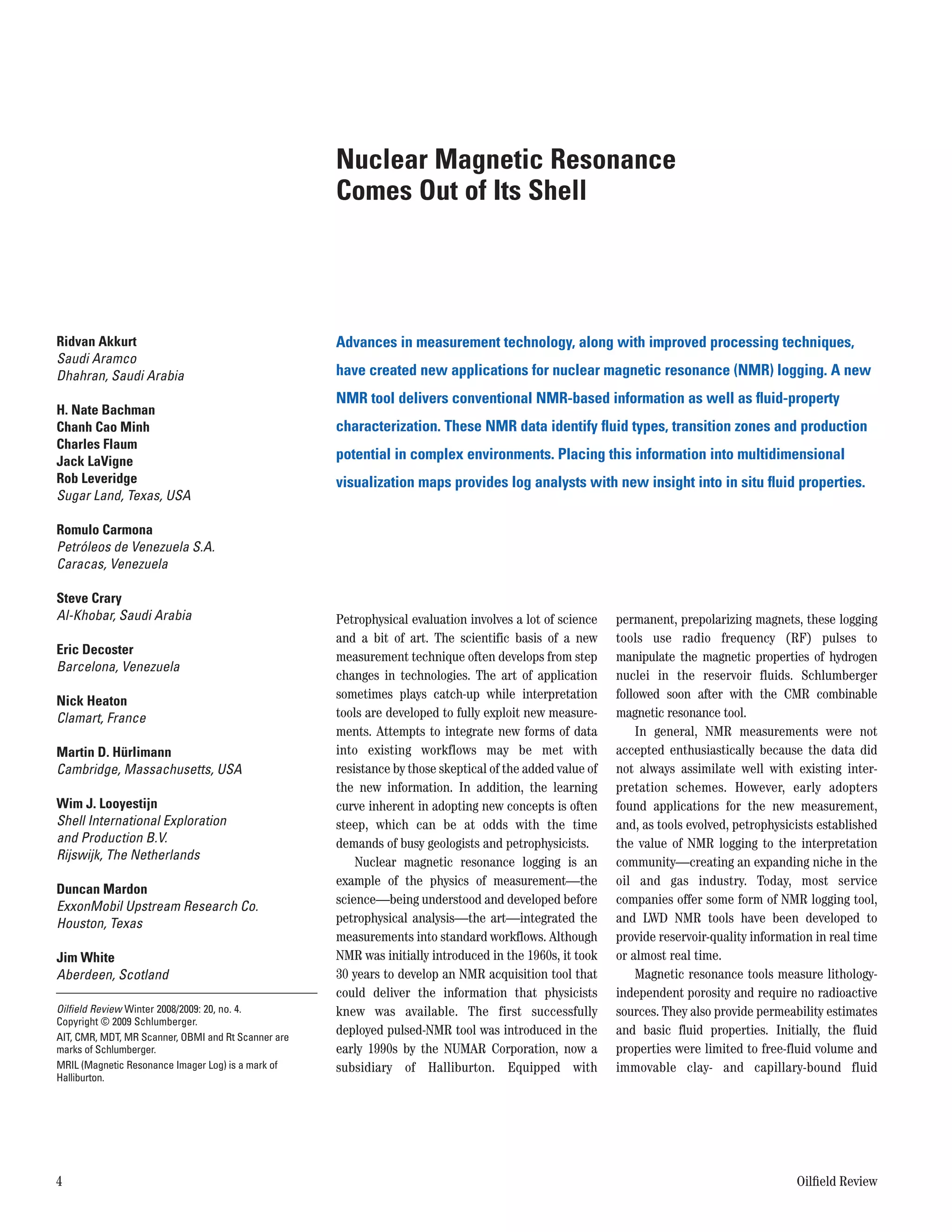 nuclear magnetic resonance Oilfi Review Winter 2008/2009: 20, no. 4 ...