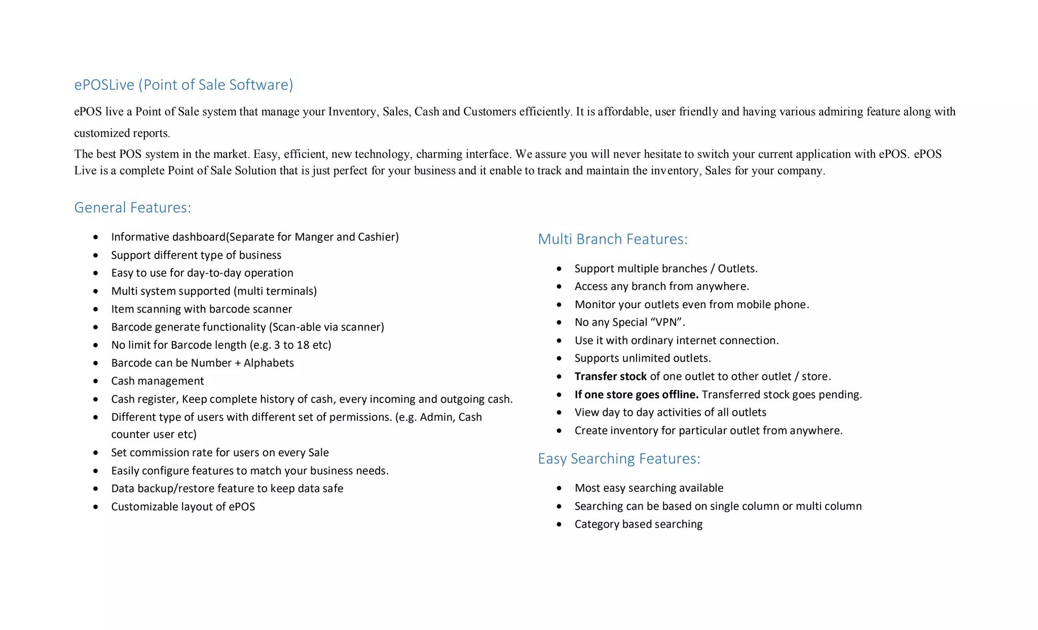 ePOSLIVE - pos software -Feature List- | PPT